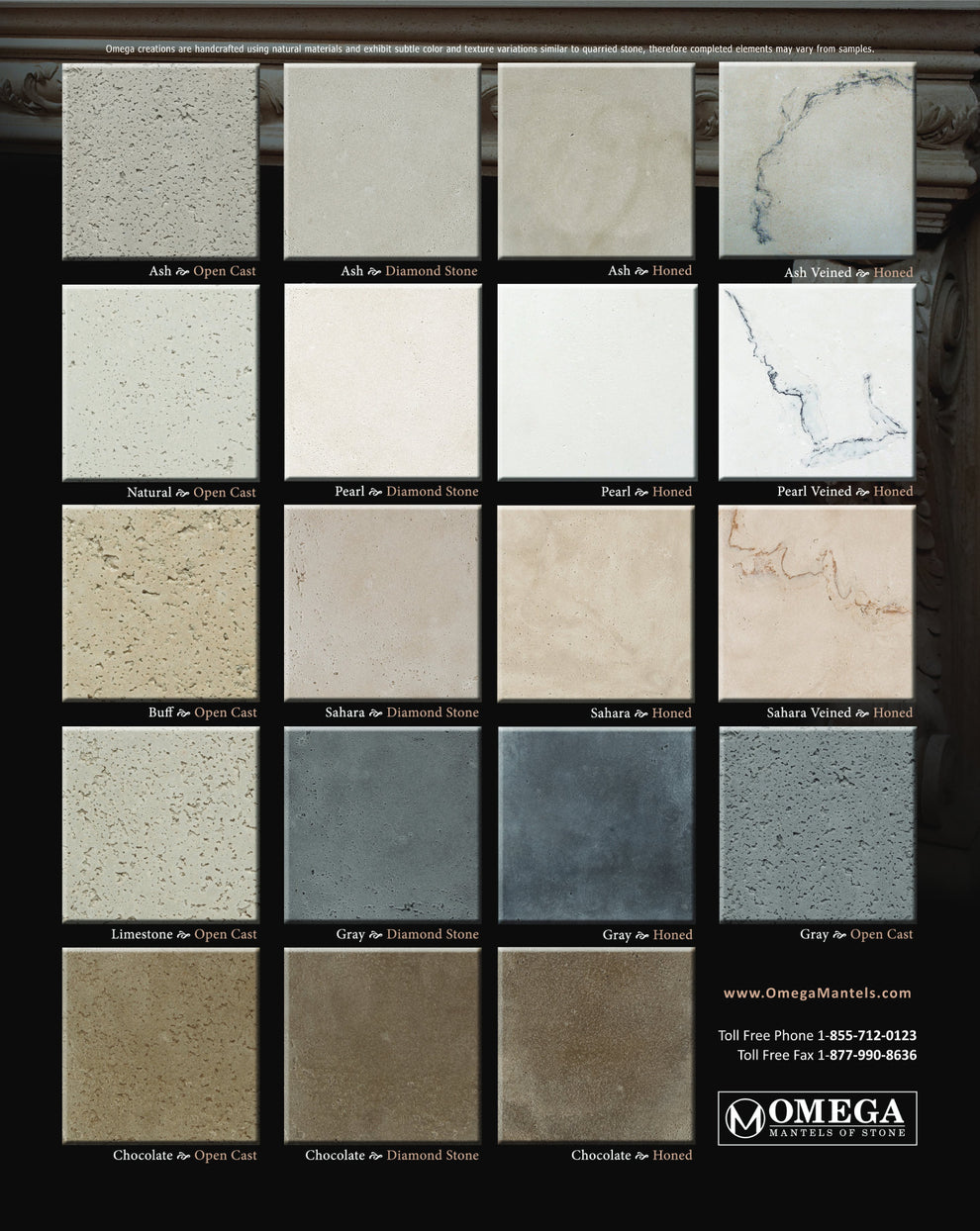 SAMPLES OF MANTEL FINISHES – Omega Mantels of Stone